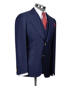 Men's Power Suit Navy Blue Peak Lapel 3 Piece Suit