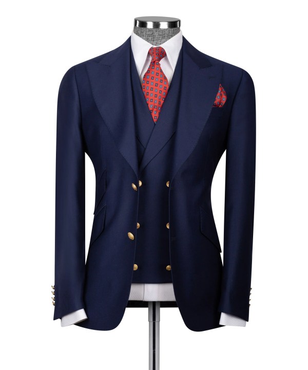 Men's Power Suit Navy Blue Peak Lapel 3 Piece Suit